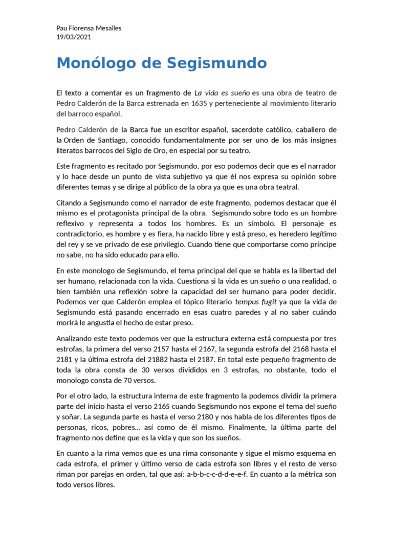 Sueños Y Realidad Resumen Del Monólogo De Segismundo